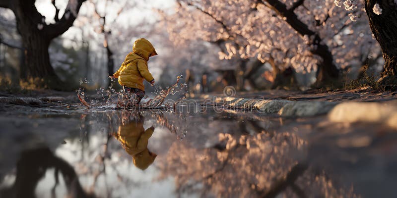 Child in Yellow Raincoat Reflecting in Spring Blossom Puddle Stock ...