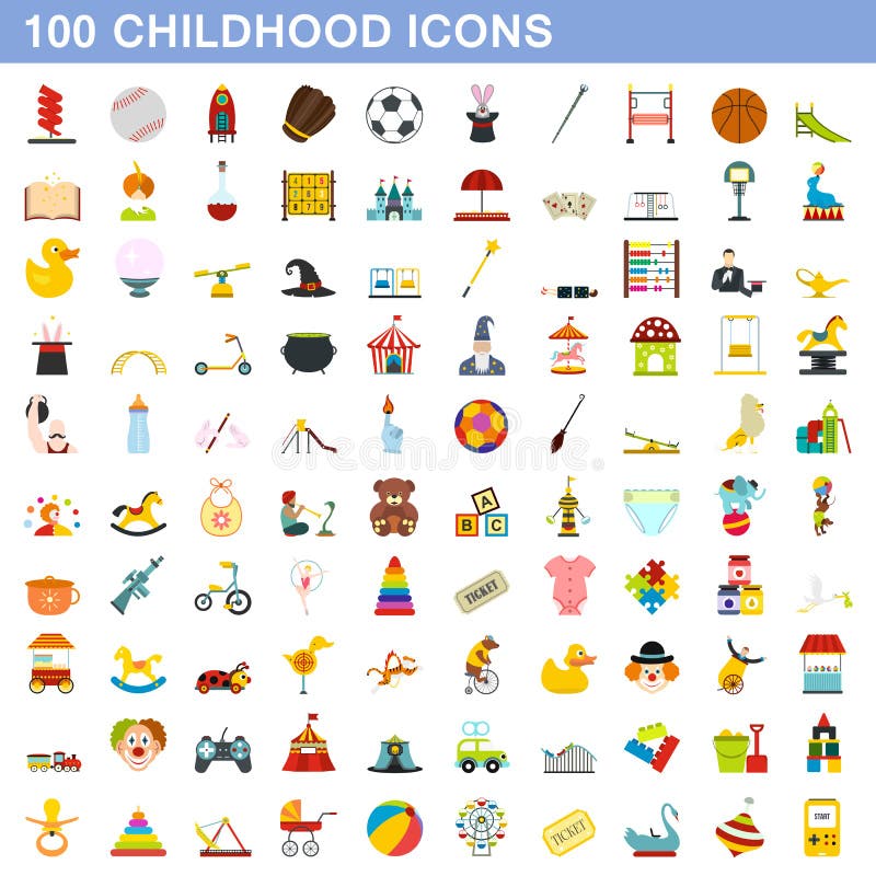 100 Childhood Icons Set, Flat Style Stock Vector - Illustration of ...