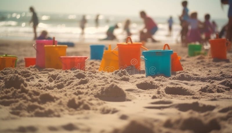 Childhood Joy Playing in Multi Colored Sandcastle on Tropical Coastline ...