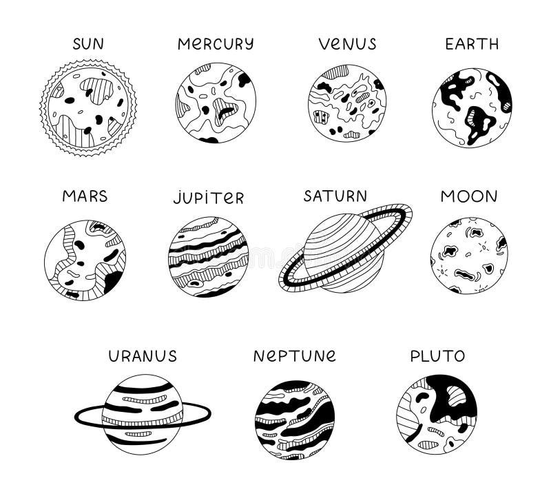 Childish Black and White Set with Planets, Stars and Satellite of Solar ...