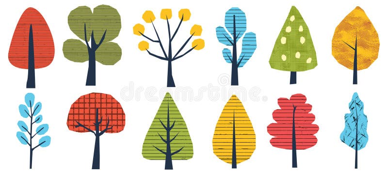 Childish Collage of Paper Naive Cutout Color Tree Elements Set with ...