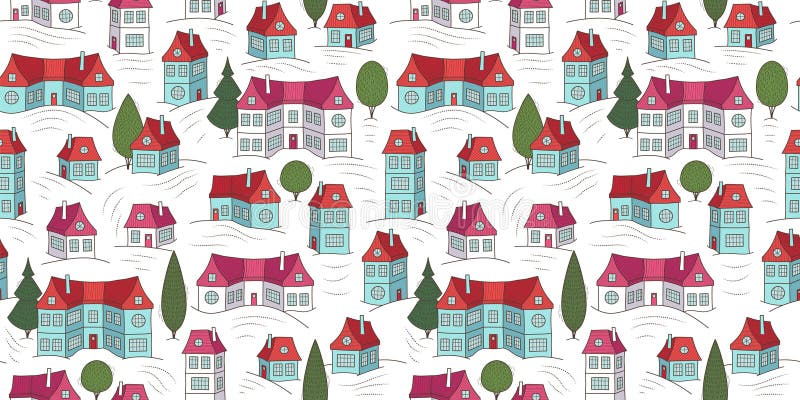 Childish Cute Pattern with Houses, Seamless Colorful Background with ...
