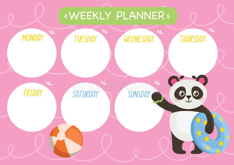 Childish Cute Week Planner. Horizontal. with a Cute Panda Character and ...