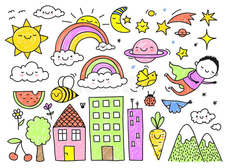 Childish Drawings of Different Things Stock Vector - Illustration of ...