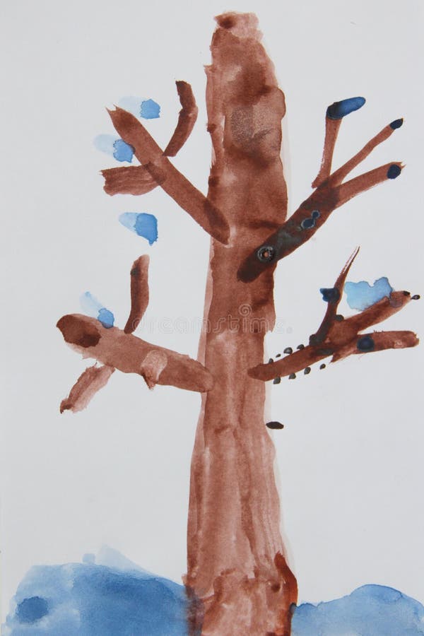 Childish Drawing with Brown Tree and Snow Stock Illustration ...