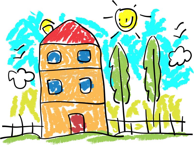Childish Drawing With Path In The Spring Lawn Stock Illustration ...
