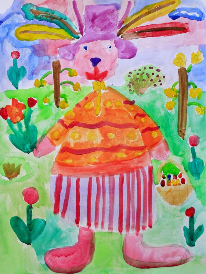 Childish Drawing of Multicolored Fabulous Hare Stock Illustration ...