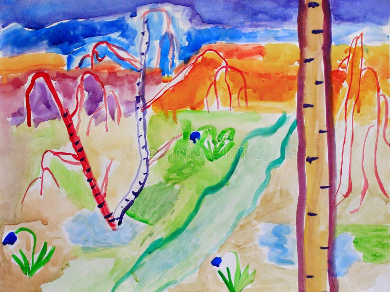 Childish Drawing with Path in the Spring Lawn Stock Illustration ...