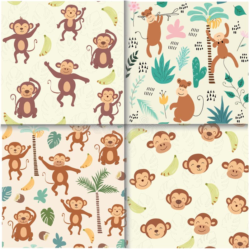 Childish Jungle Texture with Monkeys and Jungle Elements. Seamless ...