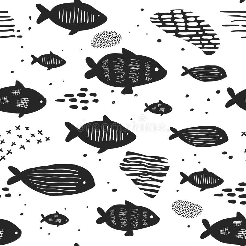 Childish Nautical Seamless Patterns with Cute Fish. Underwater ...