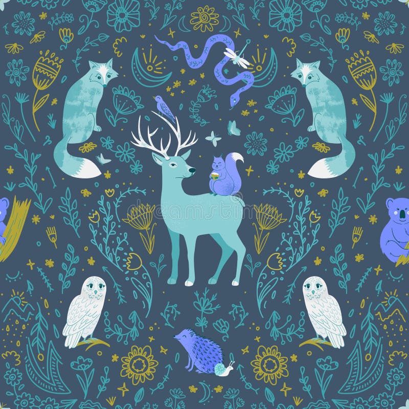 Childish Seamless Hand Drawn Pattern with Forest Animals and Floral ... Childish Seamless Hand Drawn Pattern with Forest Animals and Floral ...