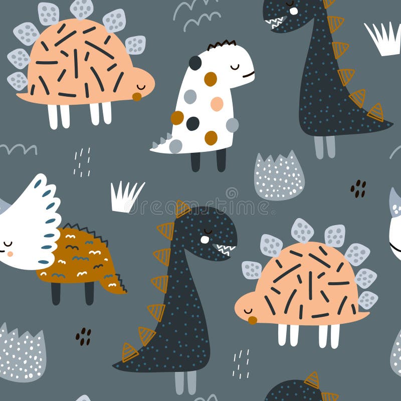 Childish Seamless Pattern with Abstract Hand Drawn Dinosaurs. Creative ...