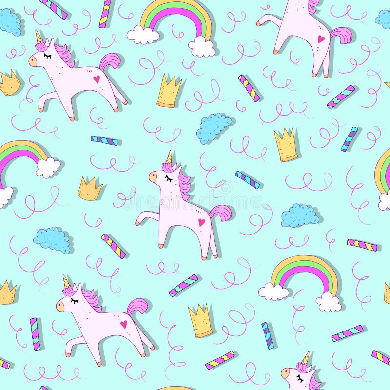 Childish Seamless Pattern. Colorful Cartoon Unicorns, Rainbows, Clouds ...