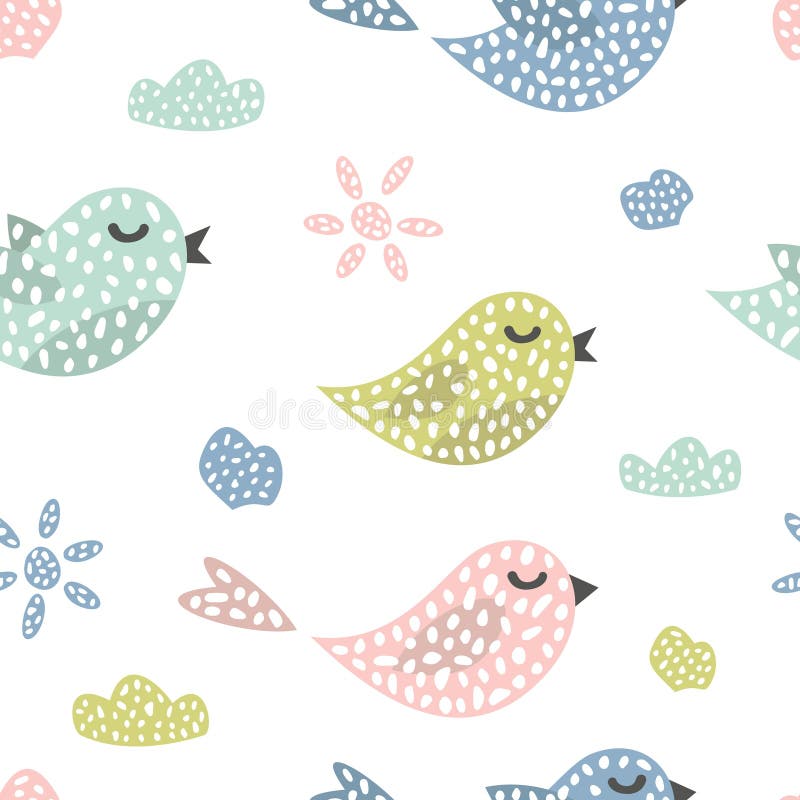 Childish Seamless Pattern with Cute Birds. Creative Texture for Fabric ...
