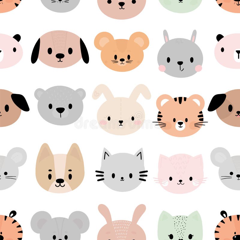 Childish Seamless Pattern with Cute Smiley Faces. Cute Animals Stock ...
