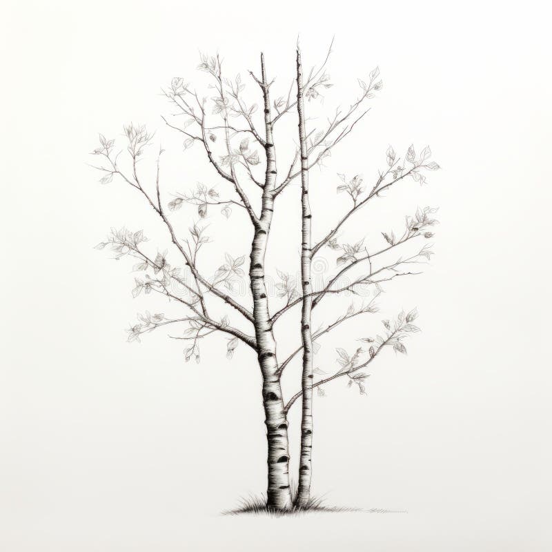 Childlike Birch Tree Drawing in Grisaille Style Stock Illustration ...