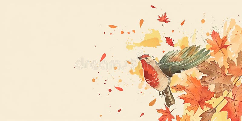 A Childlike Drawing of a Bird in Flight with Autumn Leaves Falling ...