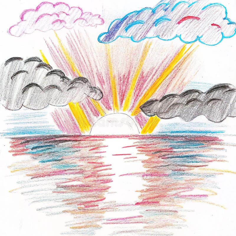 Childlike Drawing of a Colorful Sunset Over the Ocean Stock ...