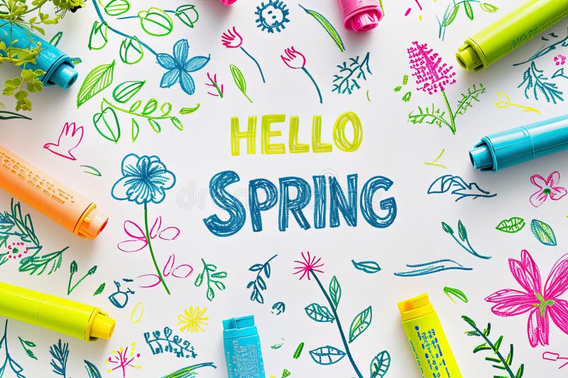 Childlike Drawing of Flowers and Text Hello Spring with Markers Stock ...
