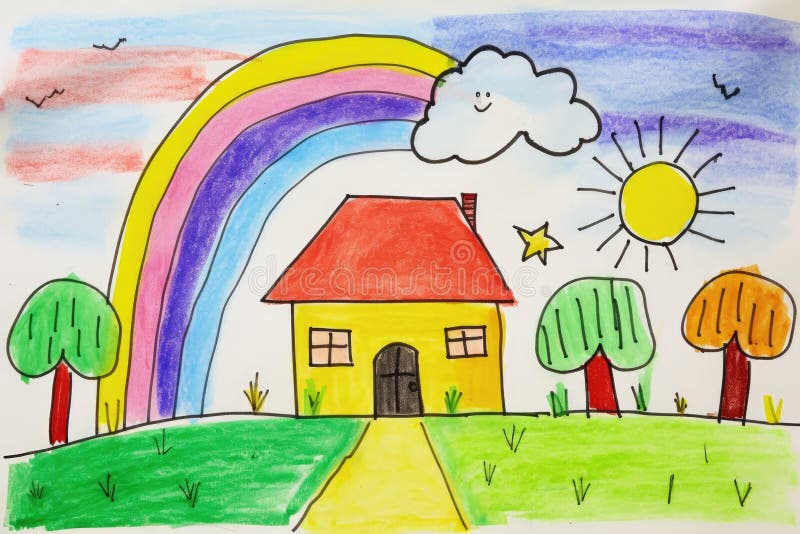 Childlike Drawing of House AI Generated Stock Image - Image of child ...