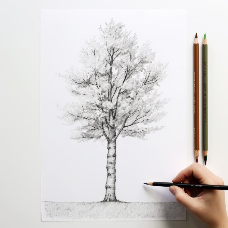 Childproof Hand Drawing a Poplar Tree with a Black Pencil Stock ...