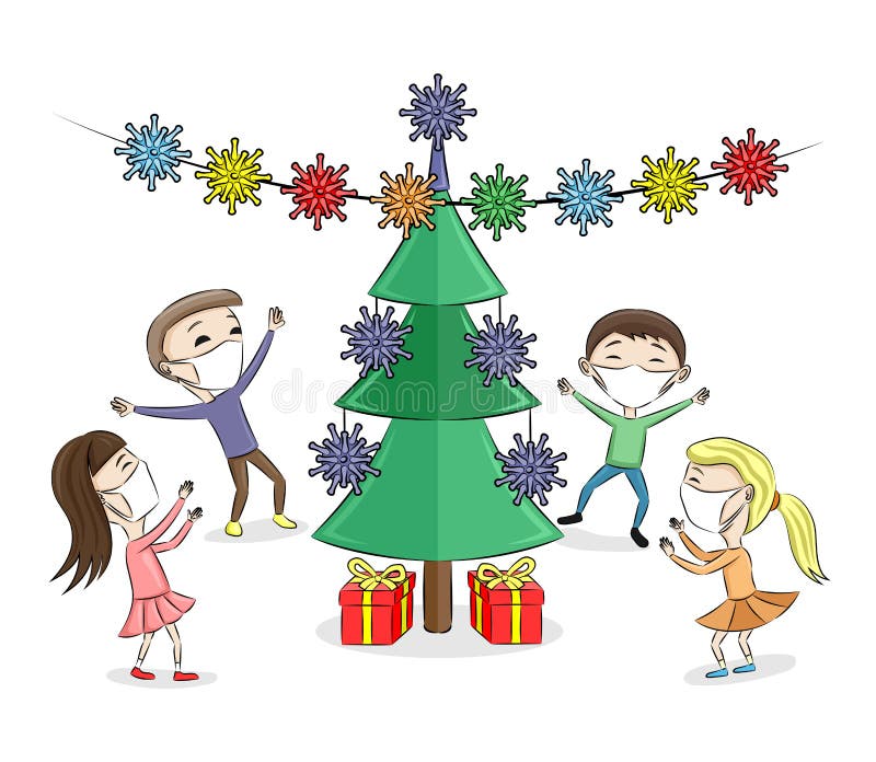Children in Protective Masks and Christmas Tree. Stock Vector ...