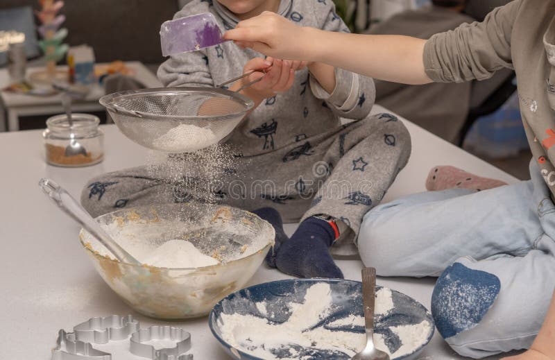 Children Adding Flour To a Cake Mixture Stock Image - Image of activity ...
