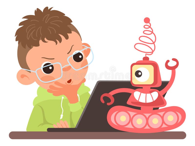 Children Assemble Robot. Boy with Robotic Toy and Laptop. Kid ...