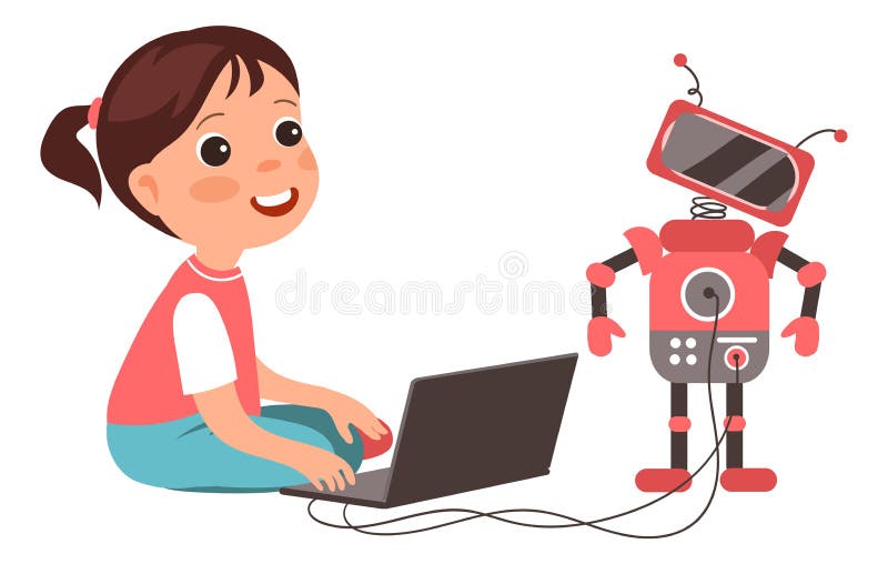 Children Assemble Robot. Girl with Robotic Toy and Laptop. Kid ...