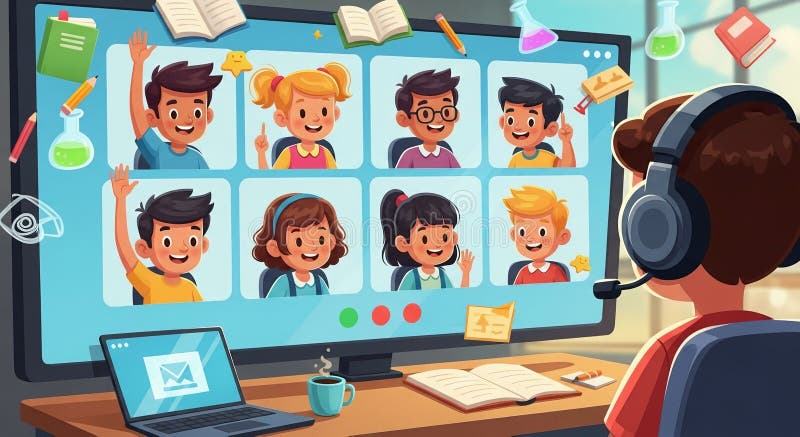 Children Attending an Online Class on a Computer Screen, Learning from ...