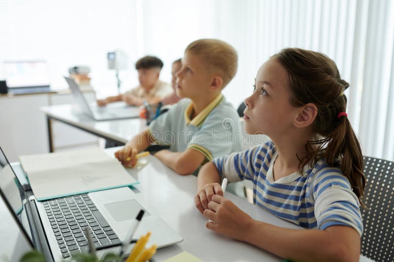 Children Attending Online Learning Session in Classroom Stock Image ...