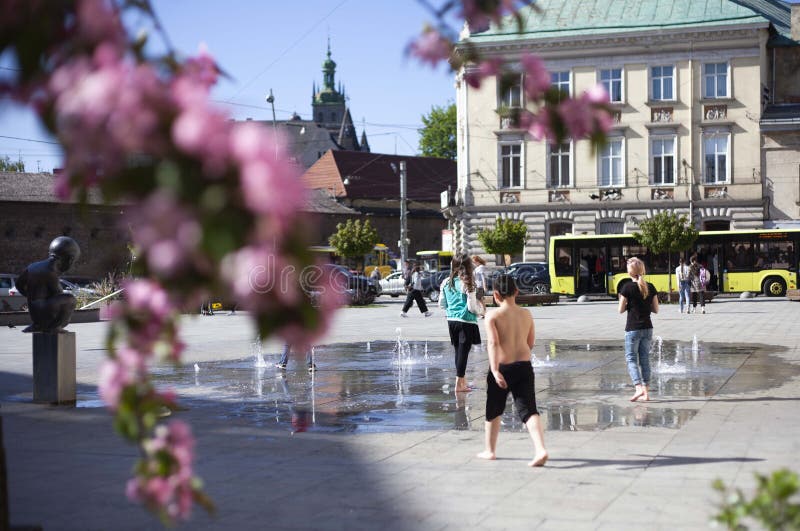 Children Bathe in a Fountain in the Old Town Square Editorial ...