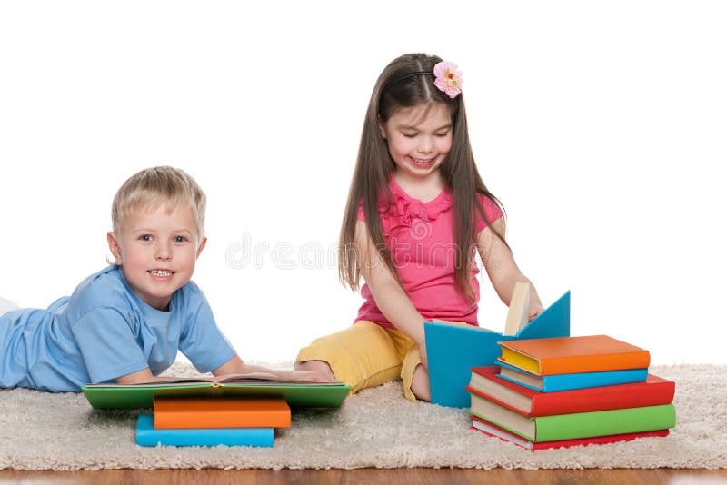 Children with Books on the Floor Stock Photo - Image of glad, girl ...