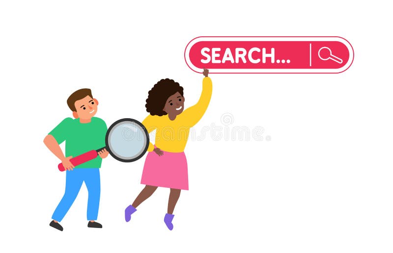 Children Boy and Girl Using Search Bar and Magnifying Glass . Internet ...