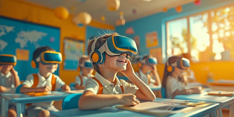 Children in a Bright Classroom Using VR Headsets, Smiling and Learning ...