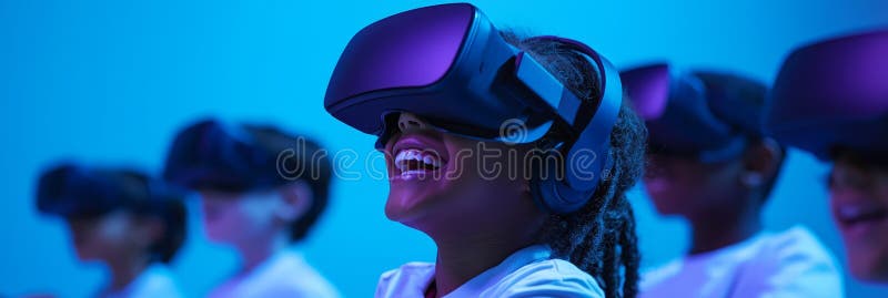 Children in a Bright Classroom Using VR Headsets, Smiling and Learning ...