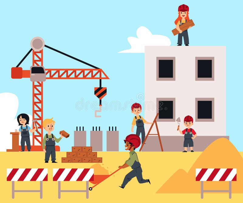 Children in Builder Uniform Working at Construction Site Stock Vector ...