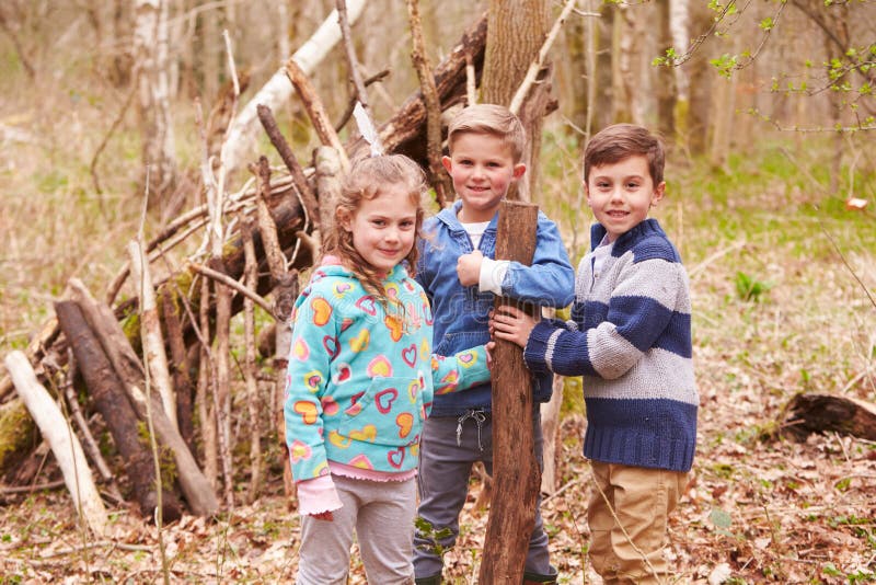 Children Building Camp in Forest Together Stock Photo - Image of girl ...