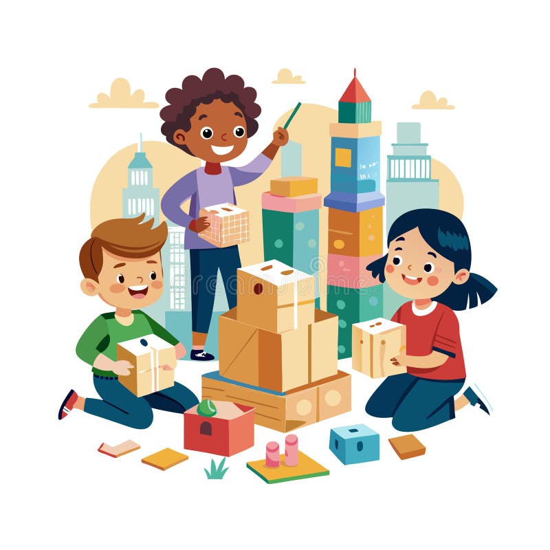 Children Building Cityscape with Boxes, Kids Playing Imagination Game ...