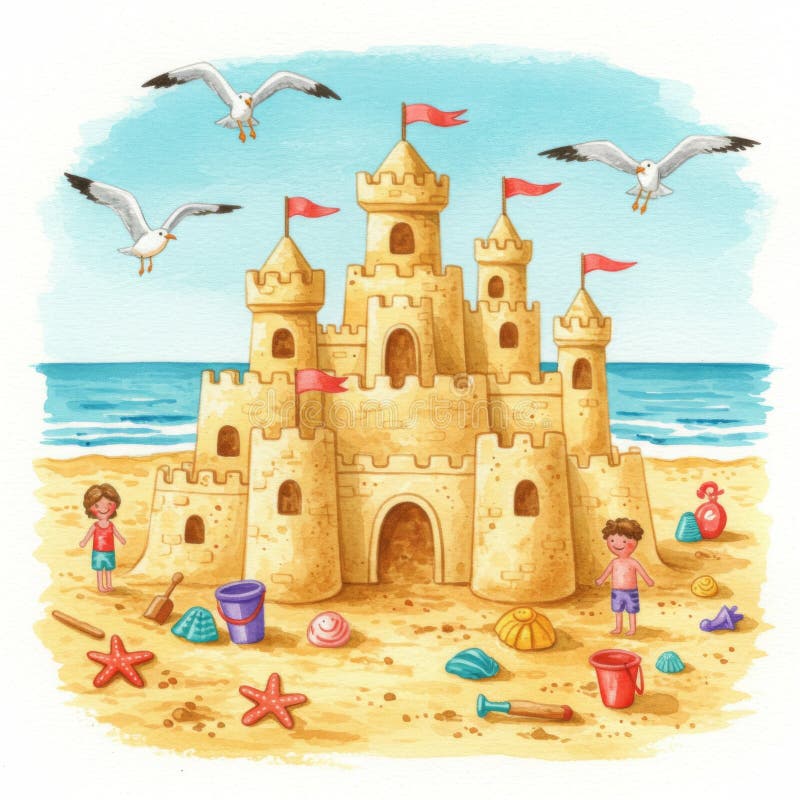 Children Building Elaborate Sandcastle on Sandy Beach Stock ...