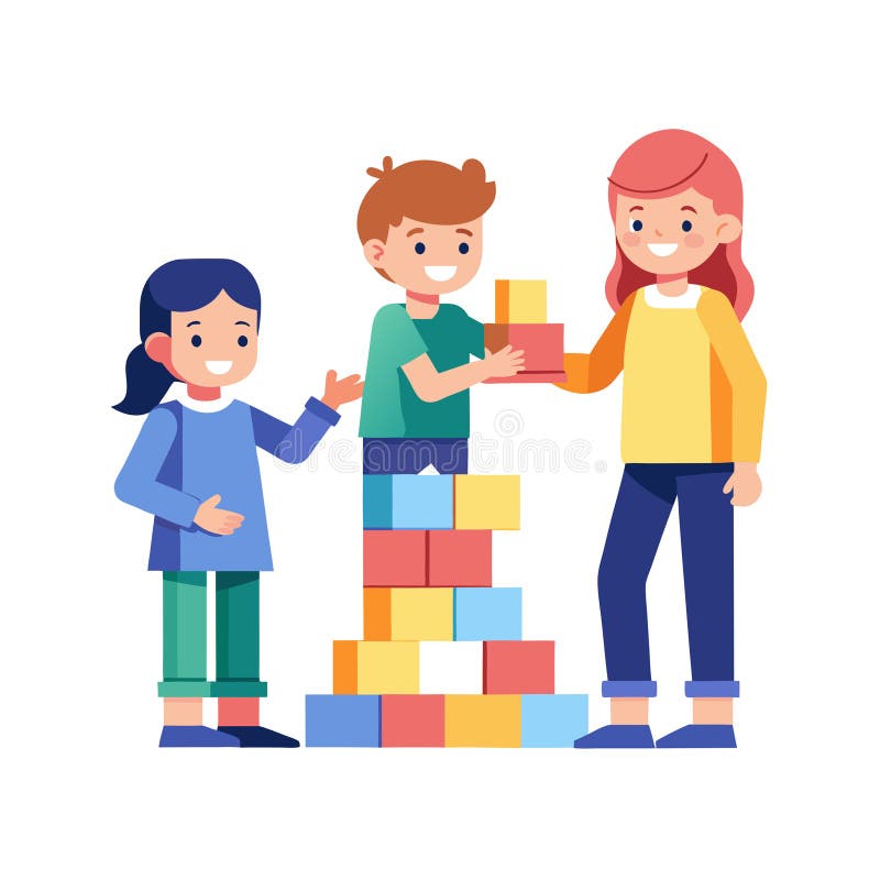 Children Building Tower with Blocks, Educational Game, Teamwork ...
