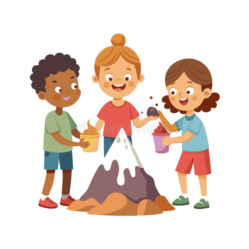 Children Building a Volcano Model Eruption Experiment Vector ...