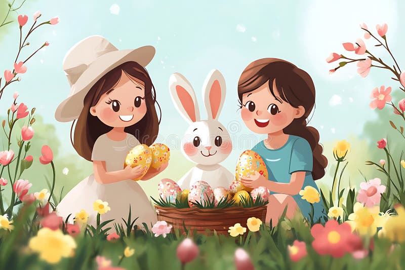 Children and Bunny Celebrate Easter in a Blooming Spring Meadow Stock ...