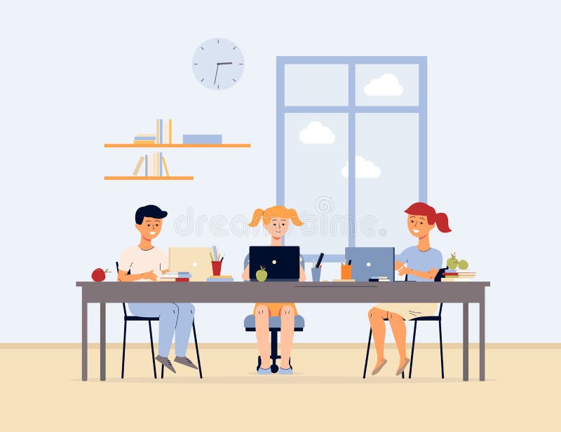 Children Cartoon Characters Studying Using Laptop Flat Vector ...