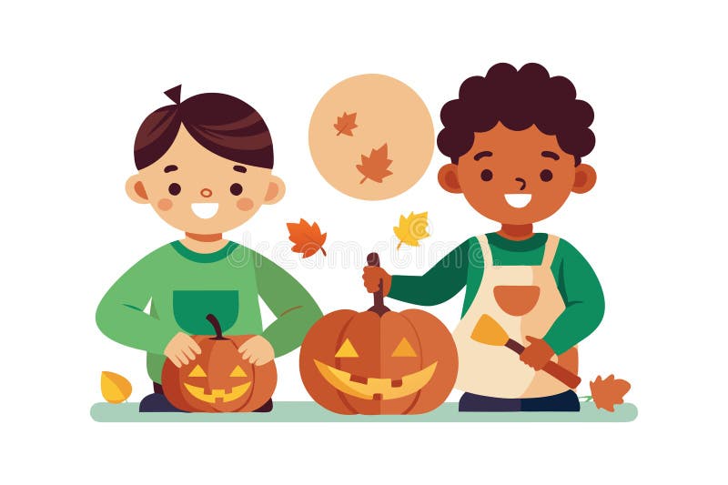 Children Carving Pumpkins for Halloween Stock Vector - Illustration of ...