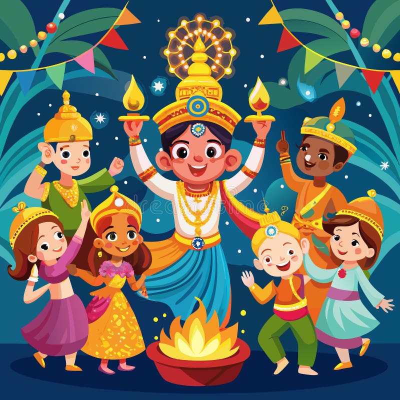 Children Celebrating with a Fire, Dressed in Traditional Festive Attire ...