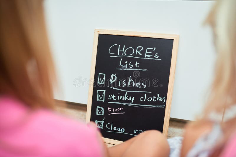 Children, Chalkboard and List of Chores in Home, Back and Reading for ...
