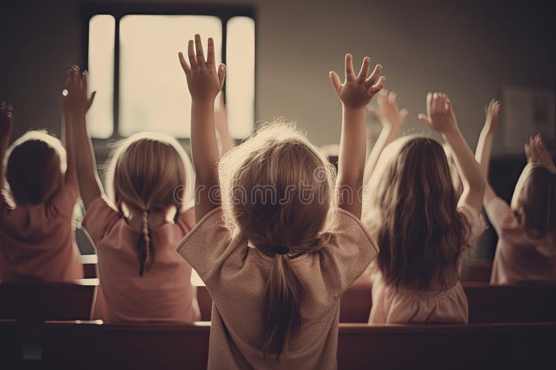 Children in the Classroom Raise Their Hands, Rear View. Generative AI ...