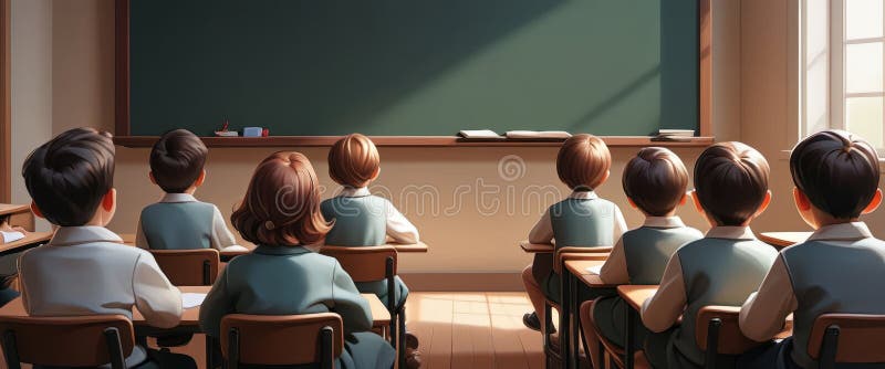 Children in Classroom Setting with Sunlit Blackboard in Traditional ...