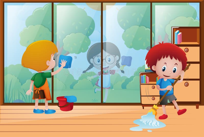 Children Cleaning the House Stock Vector - Illustration of child, house ...